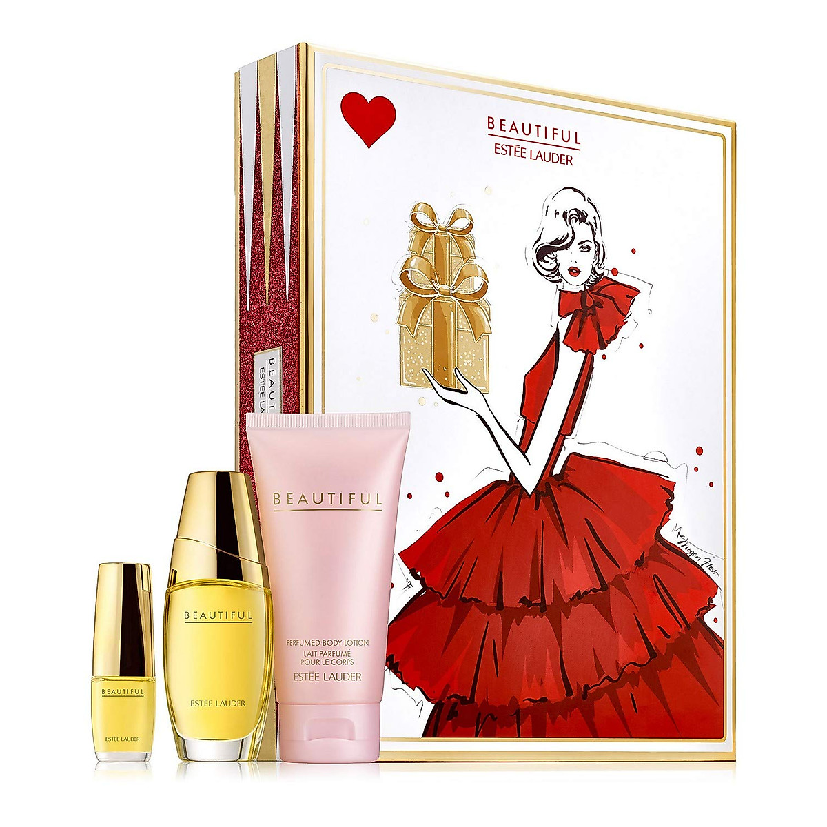 Estee Lauder Beautiful To Go Set includes: Eau de parfum spray (1 oz.) Perfumed body lotion (2.5 oz.) Eau de parfum purse spray (0.16 oz.)