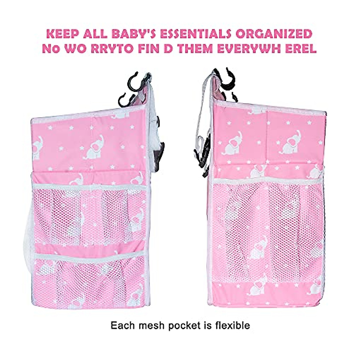 Selbor Baby Nursery Organizer and Diaper Caddy, Hanging Diaper Stacker Storage for Changing Table, Crib, Playard - Nursery Organization for Newborn (Pink Starry Elephant, Bottle Cooler Included)