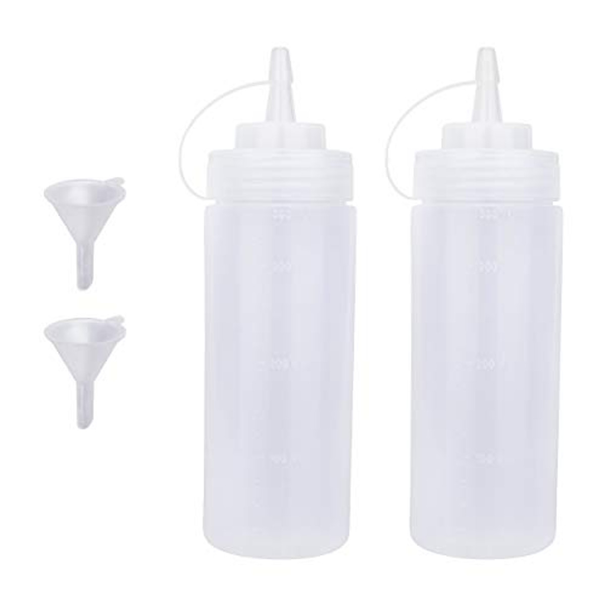Katfort Squeeze Bottles for Sauces 2 Pack, 12 Ounce Plastic Dressing Squirt Bottles Ketchup Bottles with Cap Lids and Funnel, Condiment Bottles for Liquids BBQ Dressing Pancake Art Dispenser