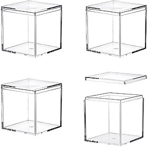 Acrylic Box,4 Packs 4x4x4 Inch Clear Boxes with Lids Transparent Display Square Cube Storage Organizer Containers Boxes Easter Party Cake Candy Box Wedding Birthday Decorative Boxes