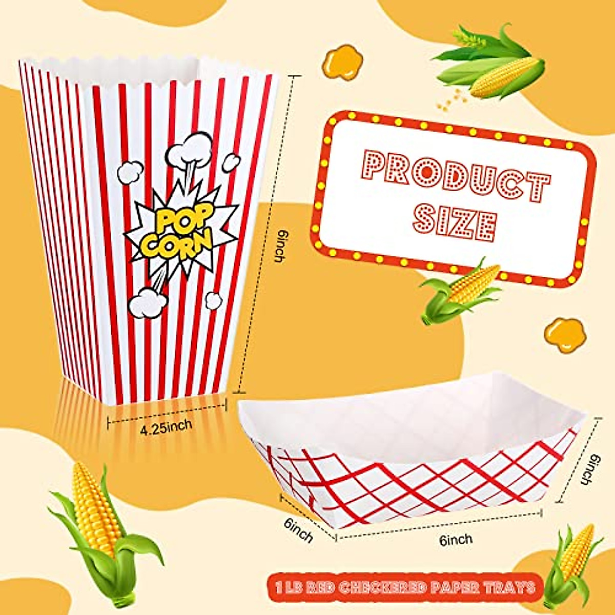 Sawysine 72 PCS Movie Party Supplies Include 36 Pcs Movie Night Popcorn Boxes and 36 Pcs Paper Food Trays Plastic Red White Striped Classic Popcorn Containers for Movie Night Theater Carnival Circus