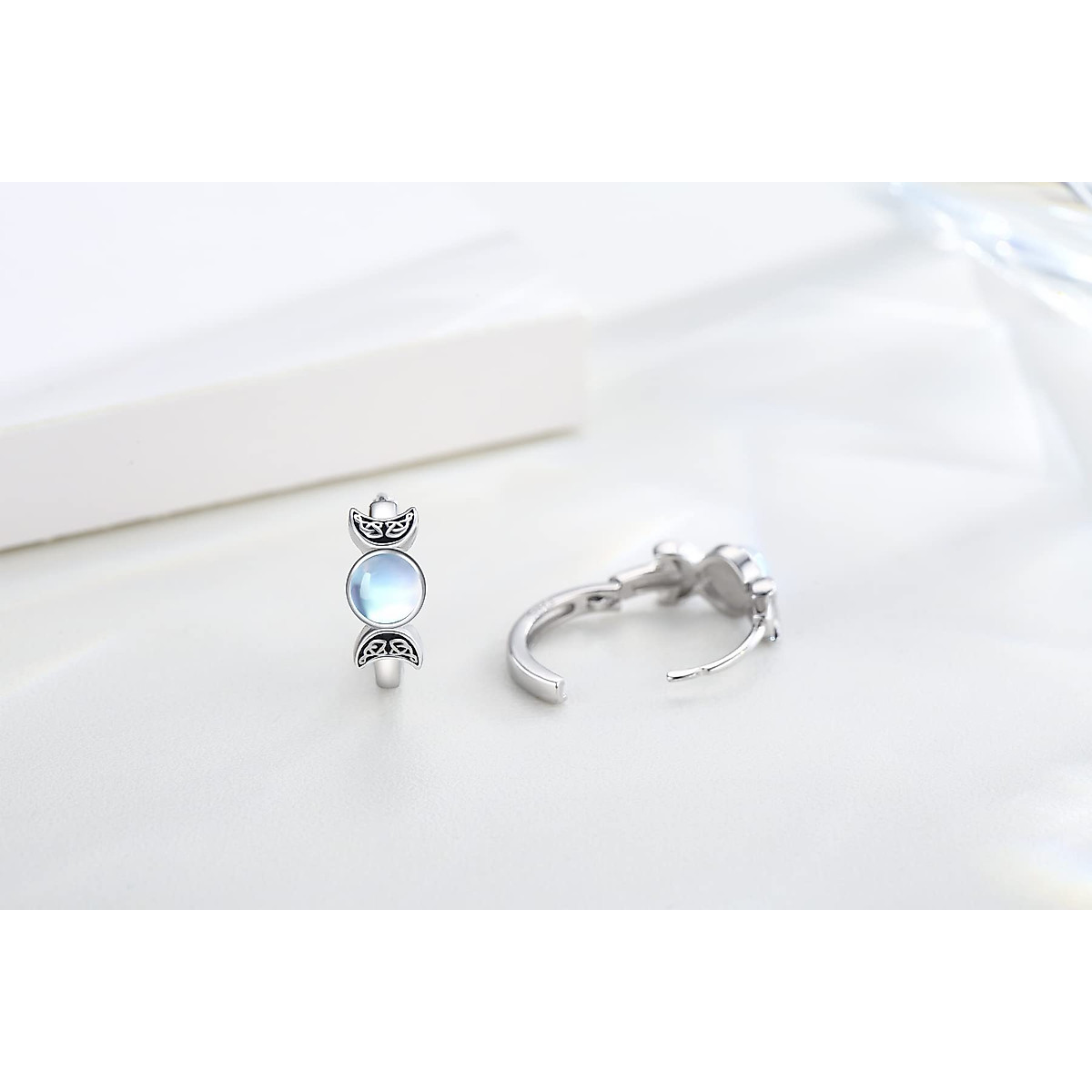 Triple Moon Goddess Earrings Sterling Silver Moonstone Earrings Pagan Wiccan Jewelry Hoop Earrings Christmas Stocking Stuffers Gifts for Women