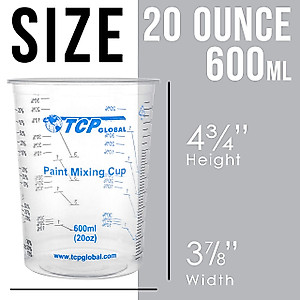 TCP Global 20 Ounce (600ml) Disposable Flexible Clear Graduated Plastic Mixing Cups - Box of 25 Cups & 25 Mixing Sticks - Use for Paint, Resin, Epoxy, Art, Kitchen - Measuring Ratios 2-1, 3-1, 4-1, ML