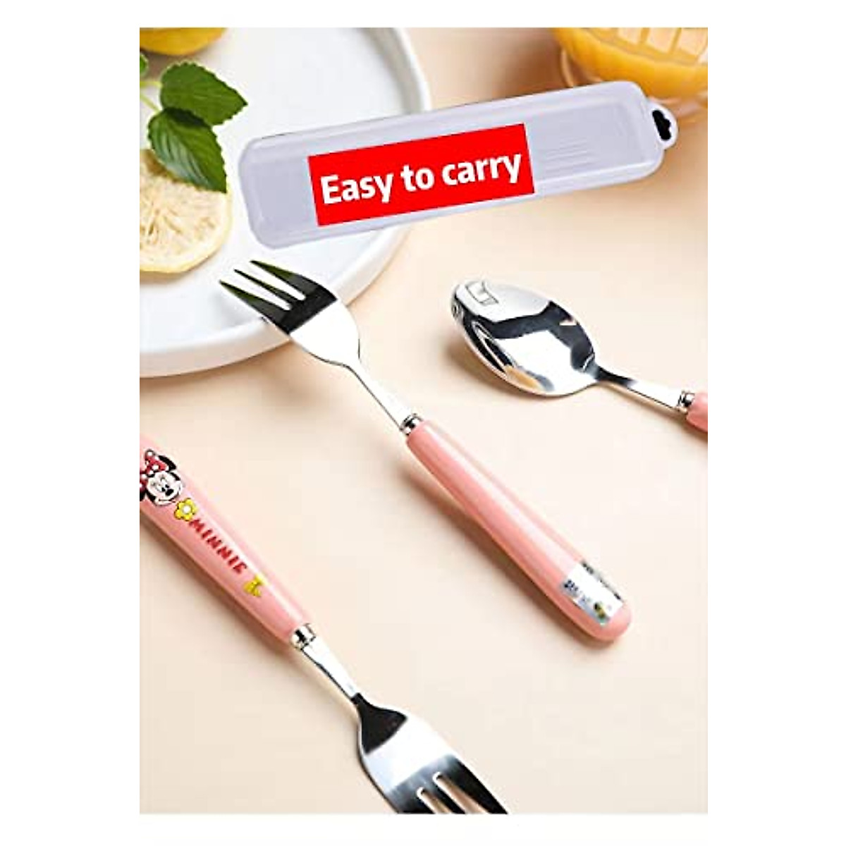 Meet Beauty Ding 1Set Stainless Steel Minnie Spoon Fork Set Pink Kid's Flatware with A Container Girl Children's Tableware Female Student's Cartoon Dinnerware Meal Tool（Made in China