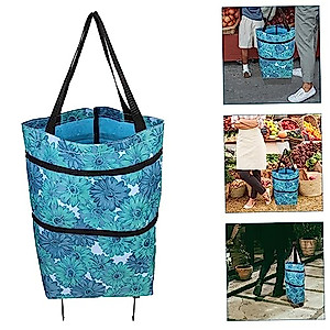 LABRIMP Shopping Bag with Wheels Collapsible Grocery Bag Trolley Bag with Wheel Grocery Storage Pouch Hand Cart Foldable Shopping Bag for Groceries Shopping Cart Fruit Oxford Cloth