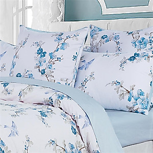Brandream Blossom Floral Birds Duvet Cover Queen Size 100% Egyption Cotton Farmhouse Bedding Set White Blue Botanical Branches Flower Pattern