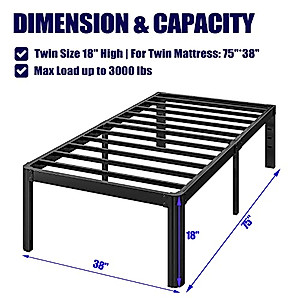 Hunlostten 18in Heavy Duty Twin Bed Frame No Box Spring Needed, Metal Platform Bed Frame Twin with Round Corners, Easy Assembly, Noise Free, Black