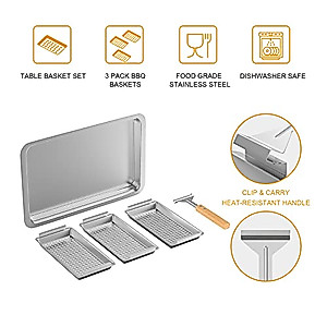 KEESHA 3 Pack Grill Baskets Set - Includes 3 Grill baskets a Serving Plate & Clamp Handle - Perforated Grill Pans Fit for Pit Boss for Weber for Camp Chef for Traeger Pellet & Charcoal Grills & Smokers