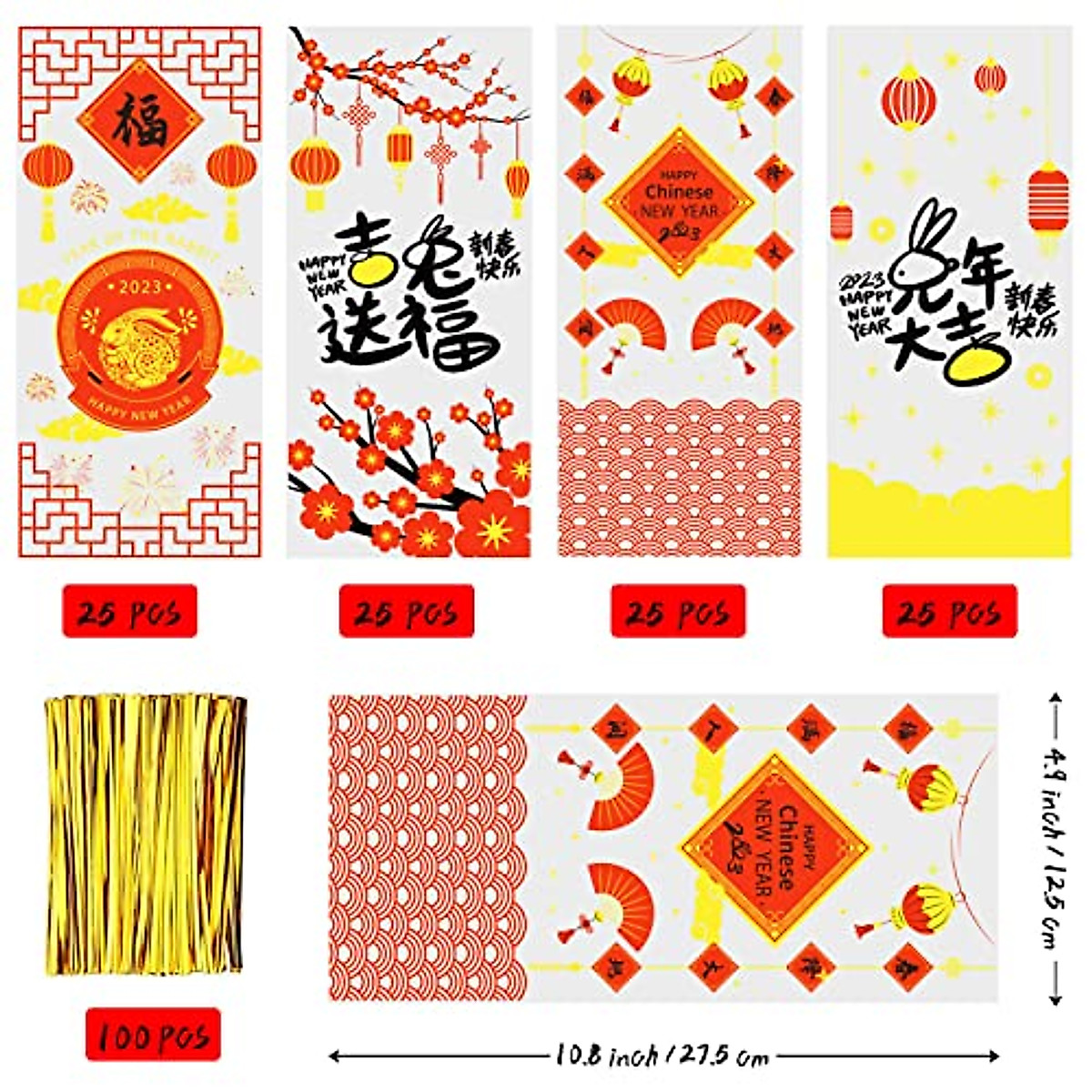 100 Pcs Chinese New Year Gift Bags, 4 Designs Chinese New Year Goodie Bags Lunar New Year Spring Festival Year of the Rabbit Cellophane Treat Candy Favor Red Bags for Chinese New Year 2023 Decorations and Party Supplies