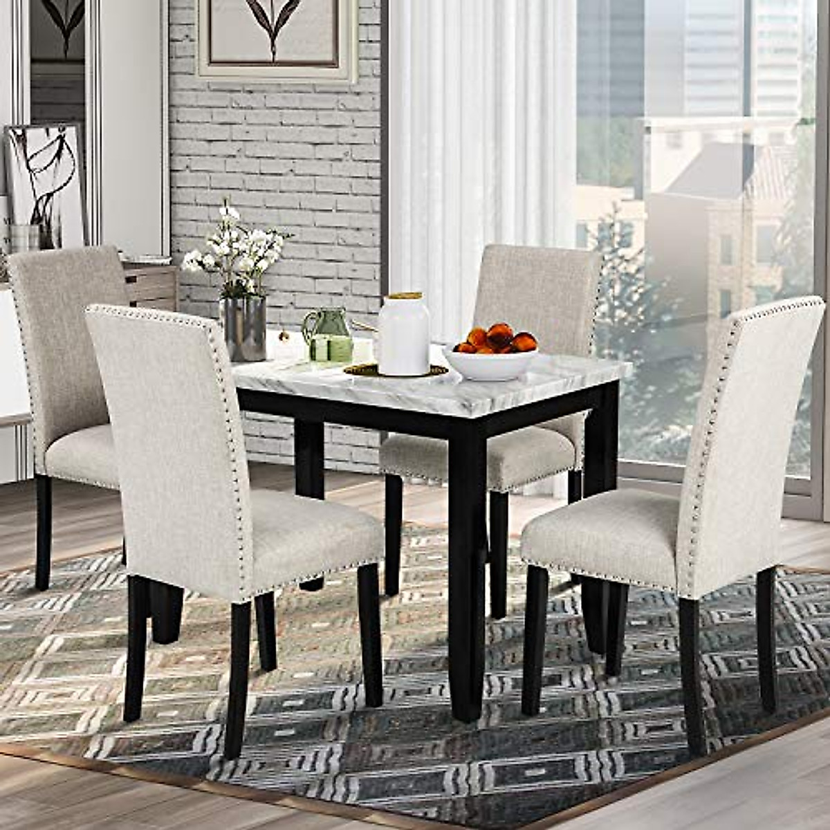 LZ LEISURE ZONE Dining Table Set Kitchen Dining Table Set for 4, Wood Table and Chairs Set (White/Beige, 5 Piece)
