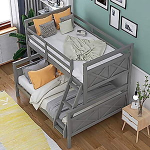 Ochangqi Twin Over Full Bunk Bed Frame with Ladder, Solid Wood Bunk Beds Loft Bed Frame Twin Over Full Size with Guardrail, Can Be Separated Into Twin/Full Size Bed, No Box Spring Needed (Gray)