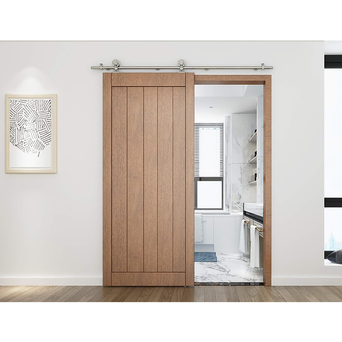 DIYHD 6ft Top Mount Barn Spoke Wheel Brushed Stainless Steel Rolling Track,Interior Indoor Sliding Hardware, 6 Feet Single Door Kit