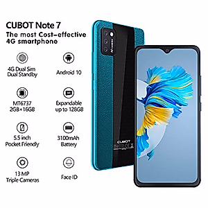 CUBOT Phone Unlocked, Note 7 4G Smartphone Unlocked, Android 10, 2GB RAM+16GB ROM,128GB Extendable by TF Card, 5.5 Inch Dewdrop Screen, Three Card Slots (Green)