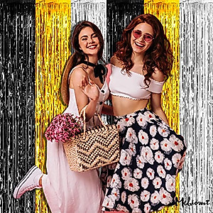 4 Pack 3.2Ft x 8.2Ft Black Gold Silver Fringe Curtain Backdrop, Metallic Tinsel Foil Fringe Streamers Curtains Background for Wedding Notorious One Birthday Roaring 20s Graduation Party Decoration