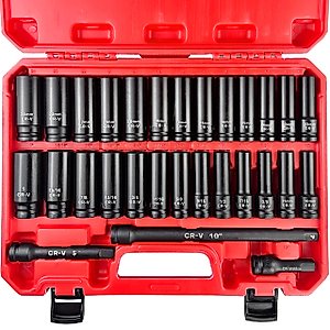 EACELIY 29pcs 1/2" Socket Set, Drive Deep Impact Socket Set, Including 3 ", 5", 10" Impact Extension Bar, Standard SAE (3/8 "- 1") and Metric (10mm-24mm), Cr-V Steel