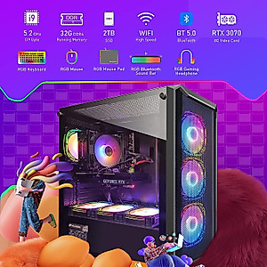STGAubron Gaming PC Computer Desktop, GeForce RTX 3070 8G, Intel Core i9-11900KF up to 5.3G, 32G DDR4, 2T SSD, WiFi, BT 5.0, RGB Fan x7, RGB BT Sound Bar & Gaming Mic, Windows 11 Home