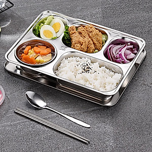 Tofficu Portion Control Divided Bento Box: Stainless Steel Diet Plates Dinner Tray with Lid Food Separator Dish Food Control Tray for Kids Adult Dessert Lunch Pasta Sauce