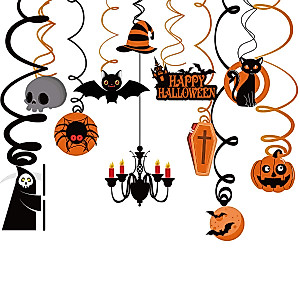 Halloween Hanging Swirls (30Pcs Fully-Assembled) Foil Ceiling Swirls Spirals with Bat Witch Skull Spider Ghost Pumpkin Cutout Halloween Decorations for Party Haunted House Porch Yard Garden Bar