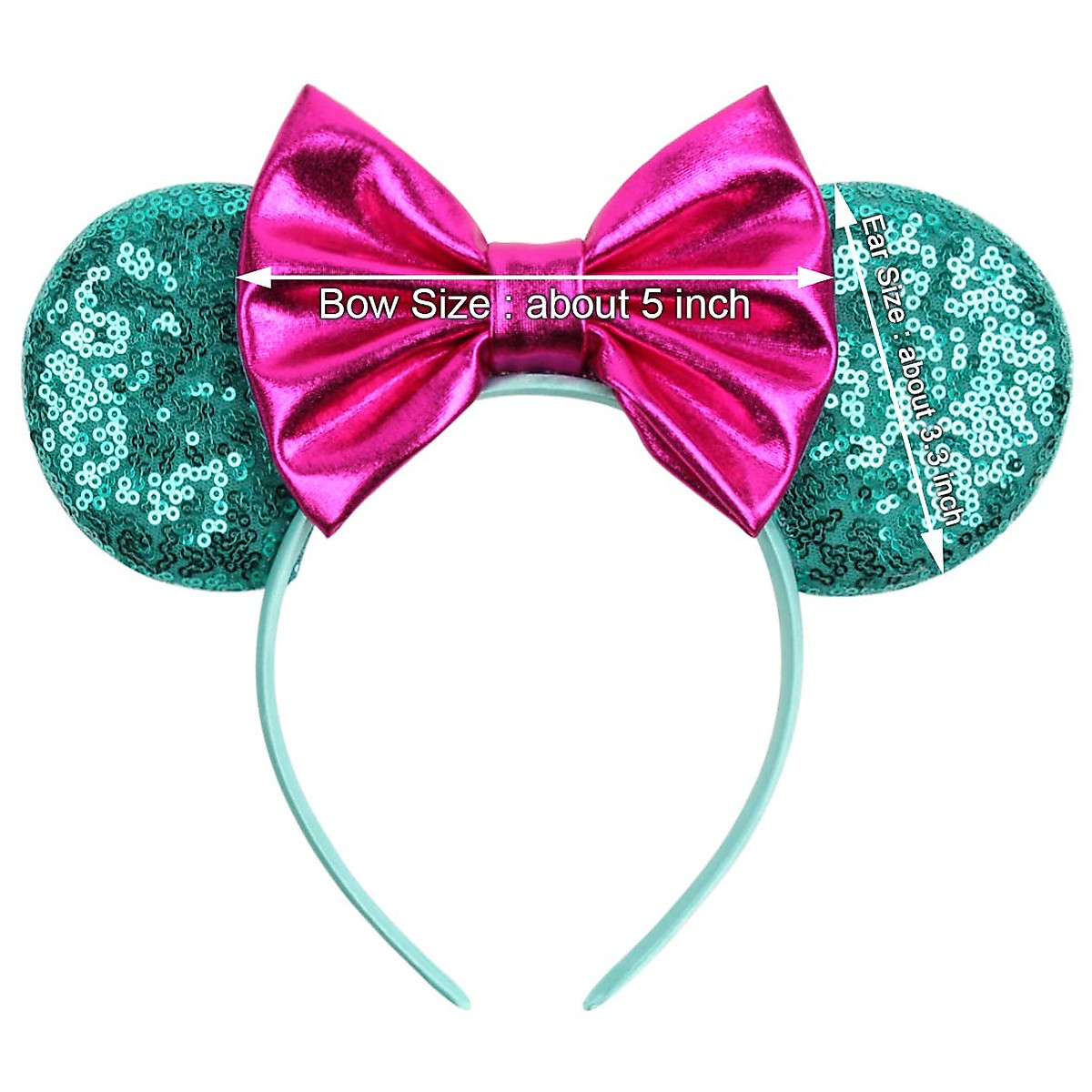 YanJie Mouse Ears Headbands, Glitter Party Mermaid Hot Pink Metallic Bow Favor Decoration Cosplay Costume for Girls Party (Green/Hot Pink)