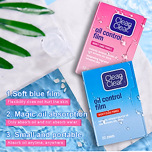 Oil Absorbing Tissues Oil Control Film, Oil Blotting Paper Same Series with Clean & Clear Oil Absorbing Facial Sheets for Oily Skin, 60 sheets Blue + 50 sheets Pink