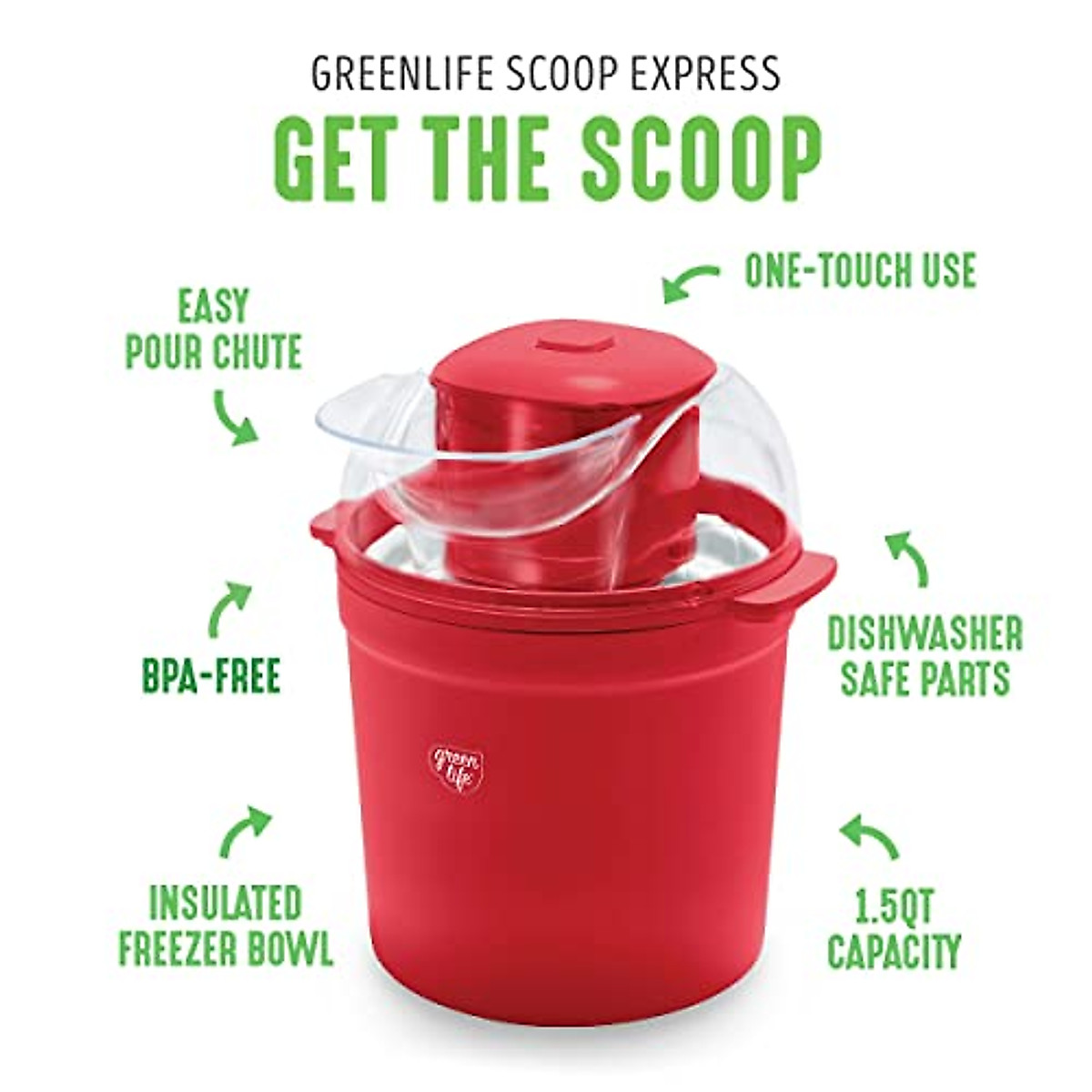 GreenLife 1.5QT Electric Ice Cream, Frozen Yogurt and Sorbet Maker with Mixing Paddle, Dishwasher Safe Parts, Easy one Switch, BPA-Free, Red