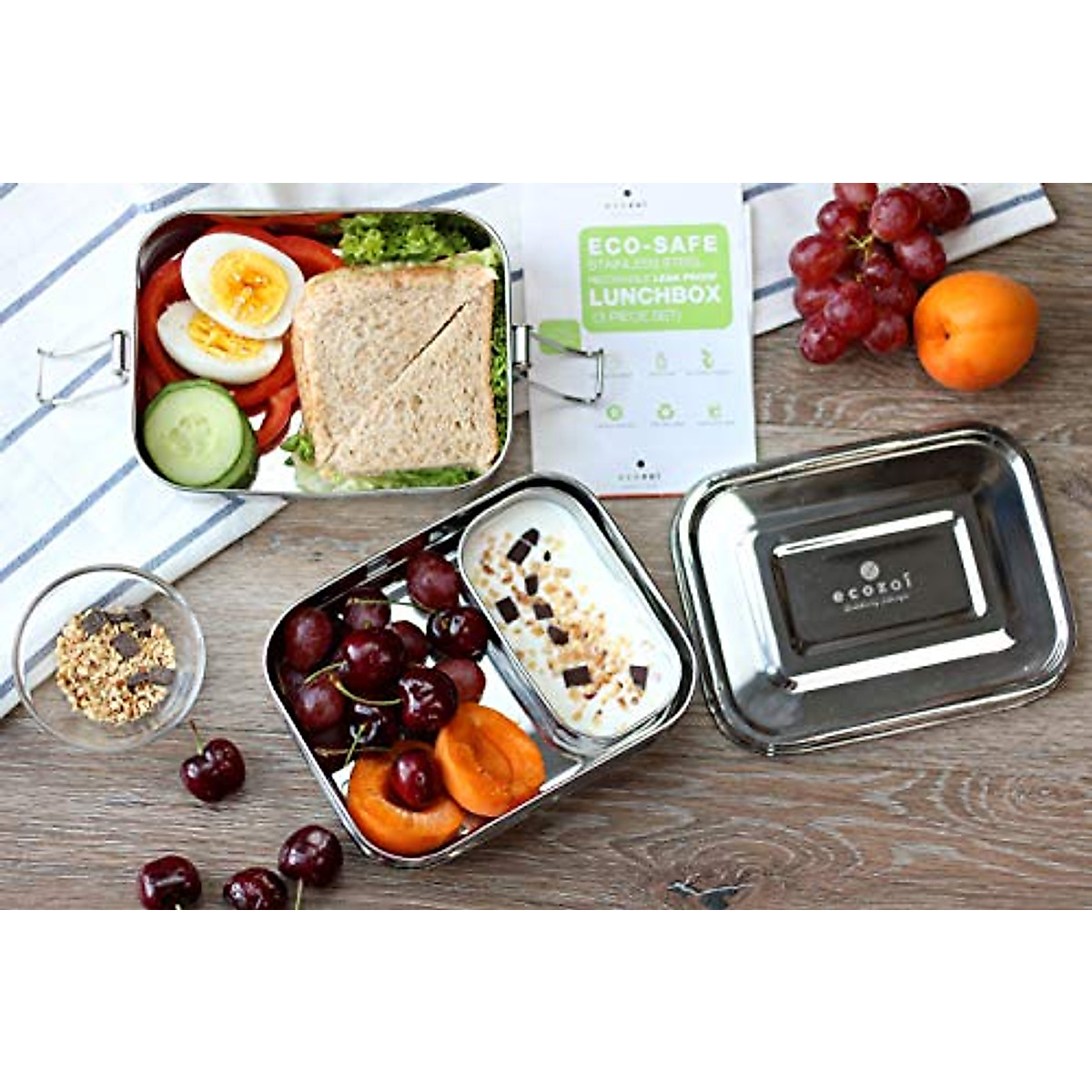 ecozoi Leak Proof Stainless Steel Lunch Box, 3-in-1 Eco Bento Box | Redesigned Silicone Seal + Bonus Lunch Pod | Sustainable Tiffin Eco Friendly Metal Bento Box Food Storage Containers