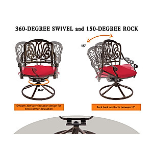 Grepatio 5 Piece Outdoor Dining Set Cast Aluminum Patio Dining Set Table and Chairs Outside Furniture 4 Swivel Chairs with Cushion and 1 Umbrella Round Dining Table for Lawn Garden Patio (Red)