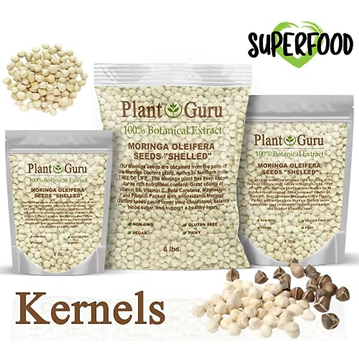 Moringa Seeds Kernel Shelled 16 oz. / 1 lb. - Clean PKM1 Variety - Edible - Moringa Oleifera - Malunggay - Semillas De Moringa - Drumstick Tree - Non-GMO - 2000 to 2400 Seeds Approx.