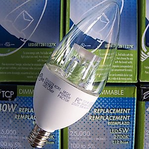 (Case of 6) TCP LED5E12B1127K 5-Watt LED E12 Chandelier Base 2700K Dimmable Lamp - Blunt Tip