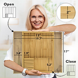 Premium Expandable Kitchen Drawer Organizer - 100% Bamboo Organizer Tray - Great for Silverware, Large Utensils, Flatware, Cutlery - 8 Compartments with Knife Block - Perfectly Fits Your Drawers