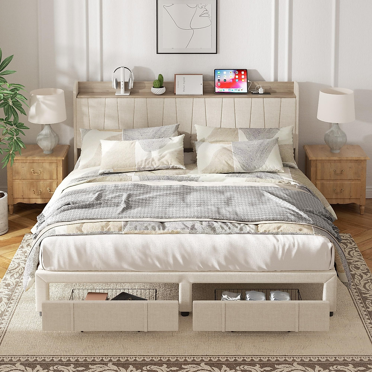 Sismplly King Size Bed Frame, Upholstered Platform Bed with Storage Drawers Headboard and Charging Station, Wooden Slats Support, No Box Spring Needed, Easy Assembly, Beige