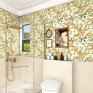 HotDecor 24"x118"Yellow Floral Wallpaper Peel and Stick Floral Contact Paper for Cabinets Walls Flower Wallpaper for Bedroom Bathroom Wall Paper Removable Botanical Wallpaper Mural Vinyl Roll