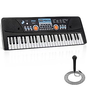Pyle, Electric 49 Keys-Portable Digital Musical Karaoke Piano Keyboard-8 Rhythms 16 Tones, Stereo Speakers, Rechargeable Battery-Wired Microphone-Beginners Kids PKBRD4113 Black, Compact