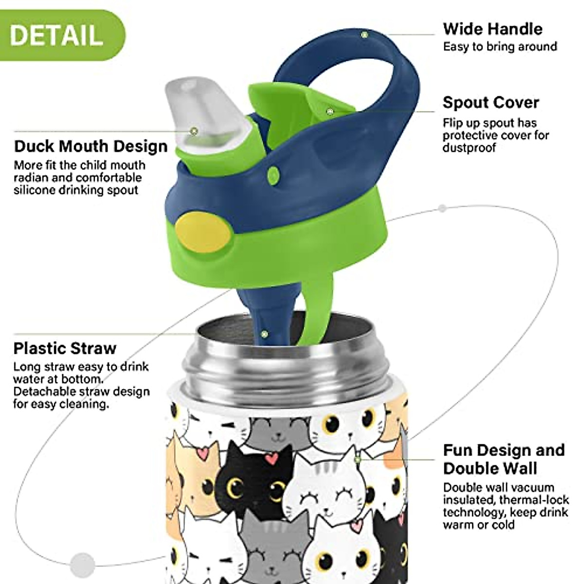 MCHIVER Cute Cat Kitten Cartoon Kids Water Bottle with Straw Insulated Stainless Steel Kids Water Bottle Thermos for School Girls Boys Reusable Tumbler 12 oz / 350 ml Green Top