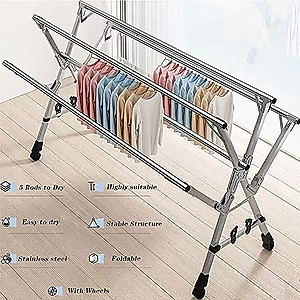 ATYUJKB Laundry Room Collapsible Clothes Drying Rack, Five Pole Drying Rack Stainless Steel, Laundry Stand Organizer with Wheels, Clothes Drying Rack Outdoor (200cm/79in)