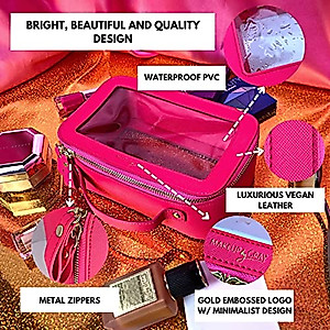 Makeup by Gray TSA Approved Toiletry Bag for Women, Clear Makeup Bag, Heavy Duty Cosmetic Bag for Traveling- Water Resistant, Luxury Vegan Leather (Hot Pink)