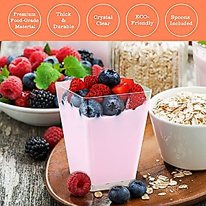 SHOPDAY 5oz Plastic Dessert Cups 100 Pack Small Clear Square Parfait Cups with Spoons, Mini Plastic Tumbler Serving Cups for Tasting Party Appetizers Mousse Yogurt