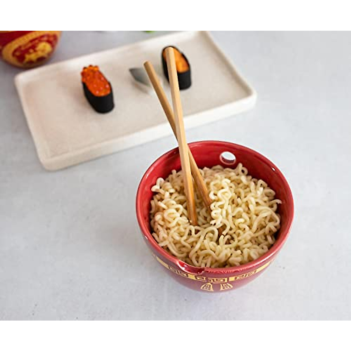 Boom Trendz Year Of The Monkey Chinese Zodiac Ceramic Dinnerware Set | Includes 16-Ounce Ramen Noodle Bowl and Wooden Chopsticks Asian Food Dish For Home & Kitchen Kawaii Lunar New Gifts red One Size