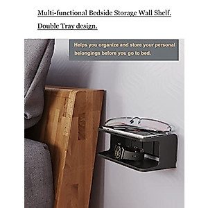NOTMBESTM Bedside Wall Shelf Organizer Small Bedside Shelf Wall Mount for Bed Universal Stick on Wall Shelf Double Tray Holder for Storing Cellphone, Glasses, Keys, Camera, Alarm Clock (Black)