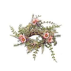 RIBC 11 Inch Wildflower Artificial Floral Candle Ring in Green, Pink and Purple with Natural Twig Base - Candle Holder for Pillar Candles and Glass Hurricanes, Green, Yellow, Pink, Orange