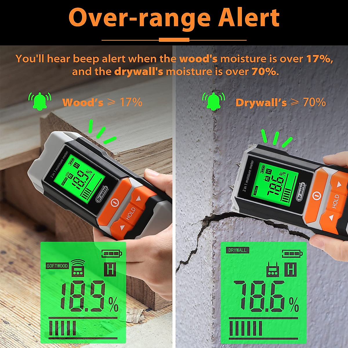 Dr.meter Wood Moisture Meter, 2 in 1 Pin & Pinless Moisture Tester, Digital Dampness Moisture Sensor Detector for Wood Firewood Drywall Paper Floor Woodworking, Water Leak Detector