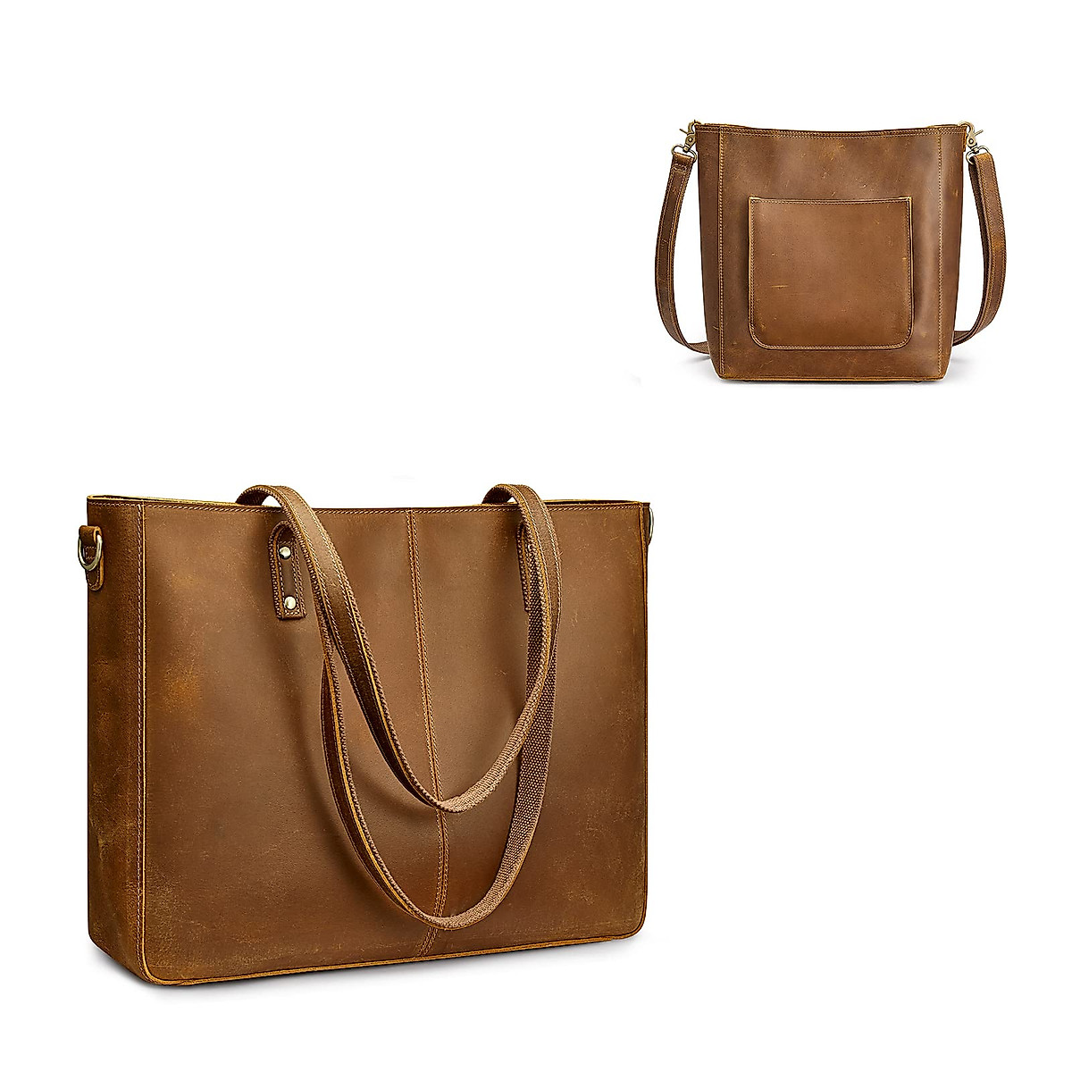 S-ZONE Women Genuine Leather Tote Handbag Shoulder Bag Bundle with Vintage Bucket Crossbody Purse