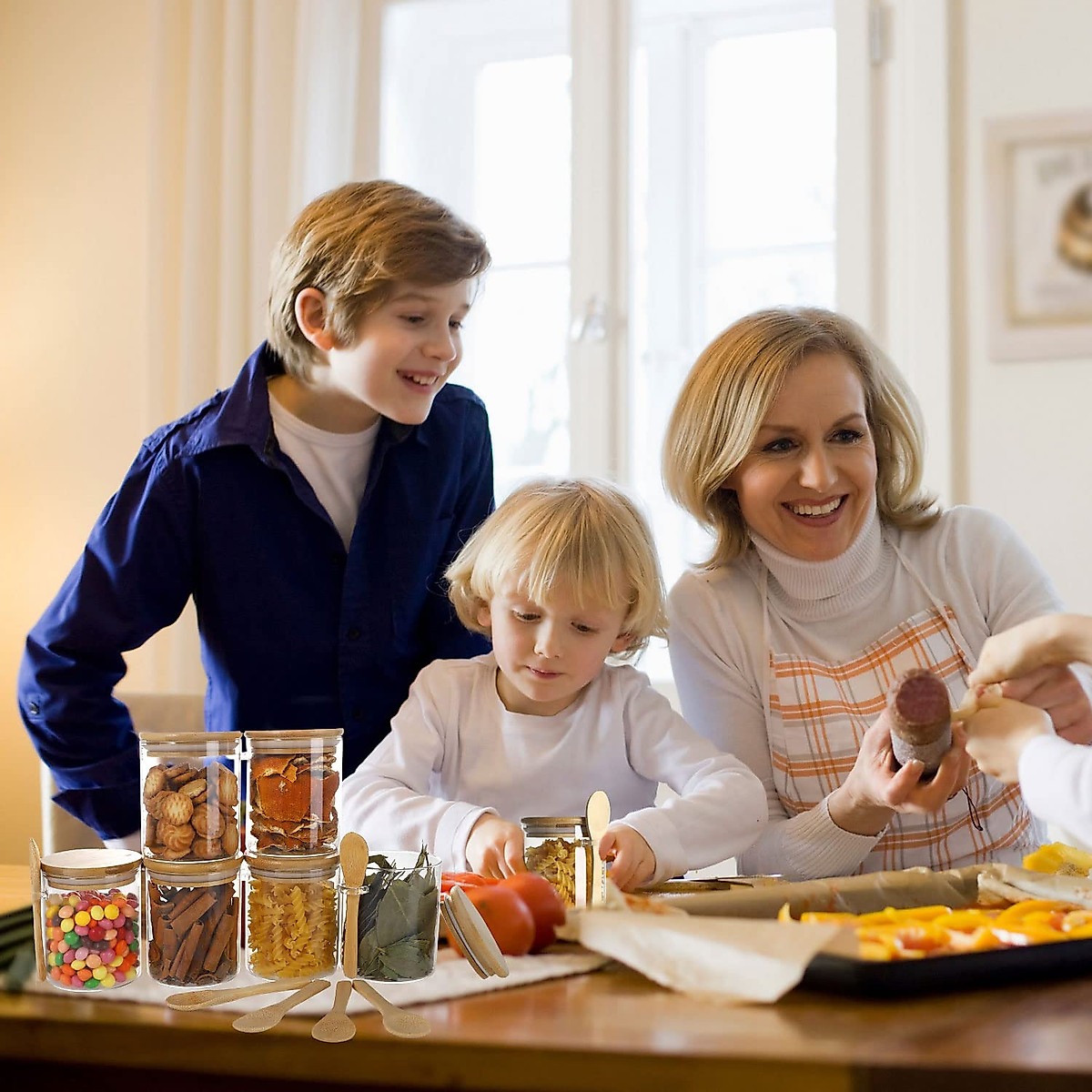 Set of 6 Spice Jars with Bamboo Lids, 16oz Glass Jars with Airtight Bamboo Lids & Bamboo Spoons Labels Pen Clean Brush Glass Storage Containers for Pantry Organization,Candy,Cookie, Tea and Spice Jar