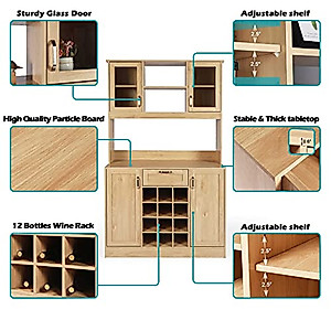 OKL Kitchen Pantry Storage Cabinet, 71" Traditional Freestanding Kitchen Buffet with Hutch with Microwave Countertop & Shelves, Kitchen Cupboard with Glass Doors for Living Room, Dining Room, Brown