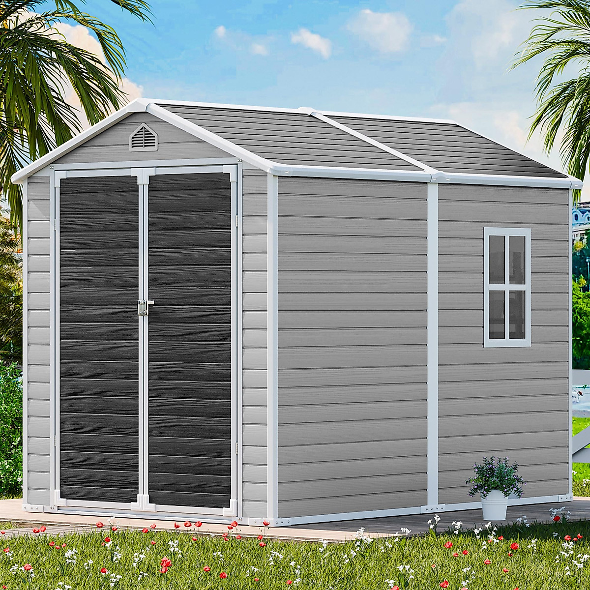CDCASA 8x6 FT Outdoor Resin Storage Shed with Floor & Lockable Door & Window & Vents Included, Waterproof Outside Plastic Sheds for Backyard, Patio, Poolside, Lawn, Gray