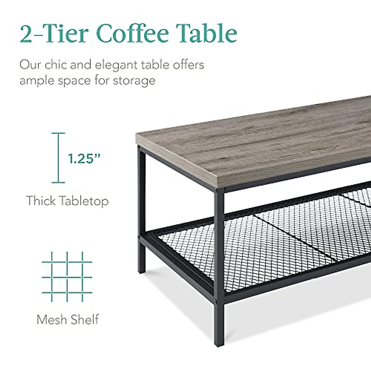 Best Choice Products 44in Modern Coffee Table, Large 2-Tier Industrial Rectangular Wood Grain Top Coffee Table, Accent Furniture for Living Room w/Mesh Shelf, Metal Frame - Gray