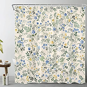 LB Country Wildflower Shower Curtain Decor,Blue and Yellow Floral Green Leaf Plant on Beige Shower Curtain for Bathroom 72X72 inch Polyester Fabric Bathroom Decoration Bath Curtains Hooks Included