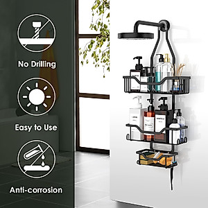 Anhow Shower Caddy Hanging Shower Organizer 3-Tier Over Shower Head with Adhesive Toothbrush Holder Anti-Swing Rustproof Shower Racks with 12 Hooks and Suction Cups for Bathroom, Matte Black