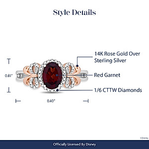 Jewelili Enchanted Disney Fine Jewelry 14K Rose Gold Over Sterling Silver 8x6 MM Oval Shape Red Garnet and 1/6 Cttw Natural White Round Diamonds Snow White Bow Ring Size 8