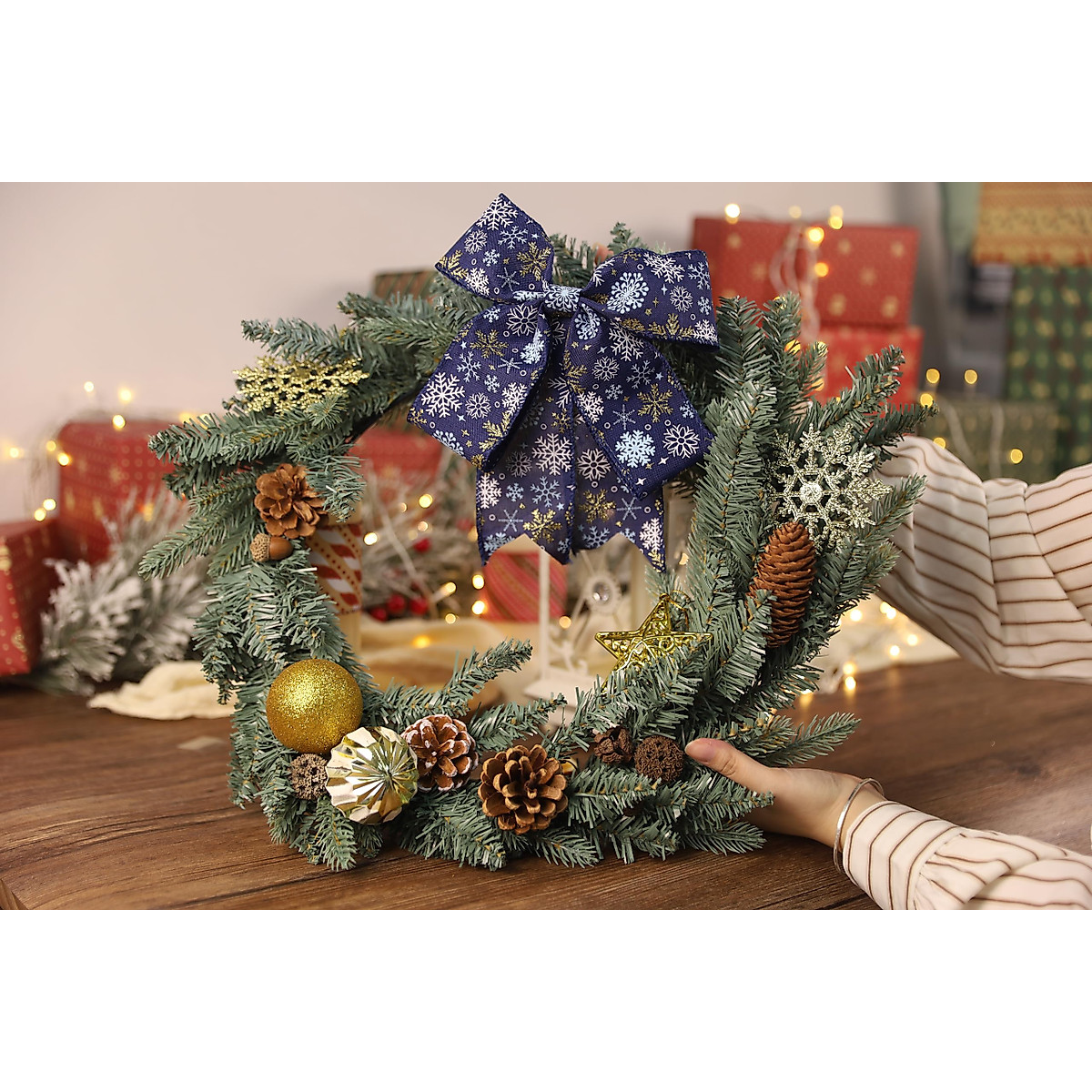 VATIN White/Gold/Blue Snowflake Wired Ribbon Ribbon,2-1/2 Inch x Continuous 10 Yards Spool Christmas Tree Ribbon for Topper Bow,Christmas Wreath,Tree Decoration,Gift Wrapping